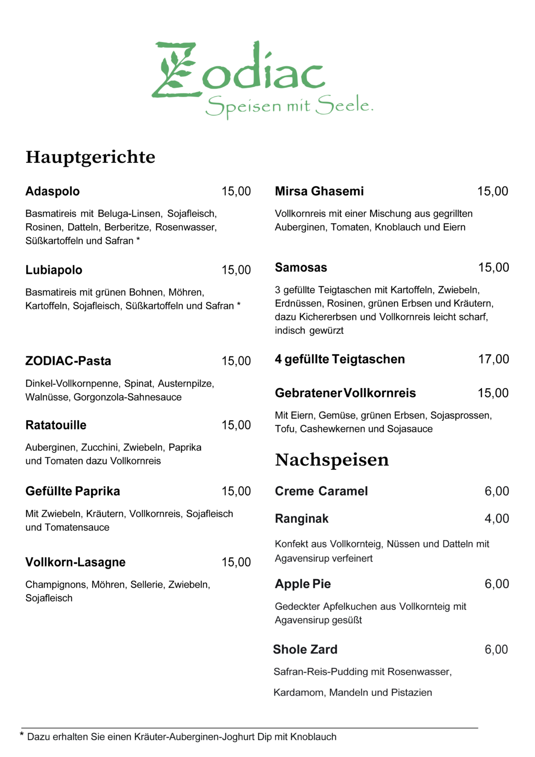 Speisekarte Restaurant Zodiac - vegan & vegetarisch